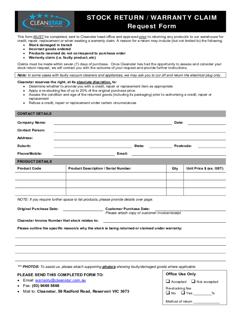 Fillable Online Stock Return & Warranty Claim Request Form.docx Fax ...