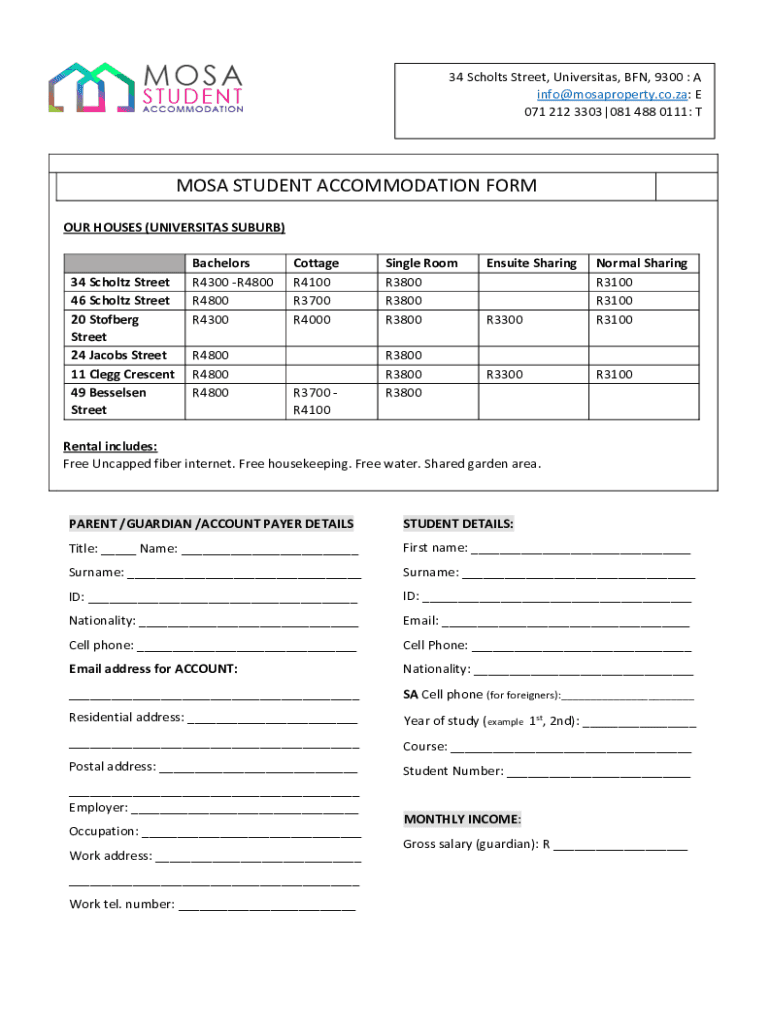 Fillable Online Mosa Student AccomodationMosa PropertyLooking for an ... Fax Email Print - pdfFiller