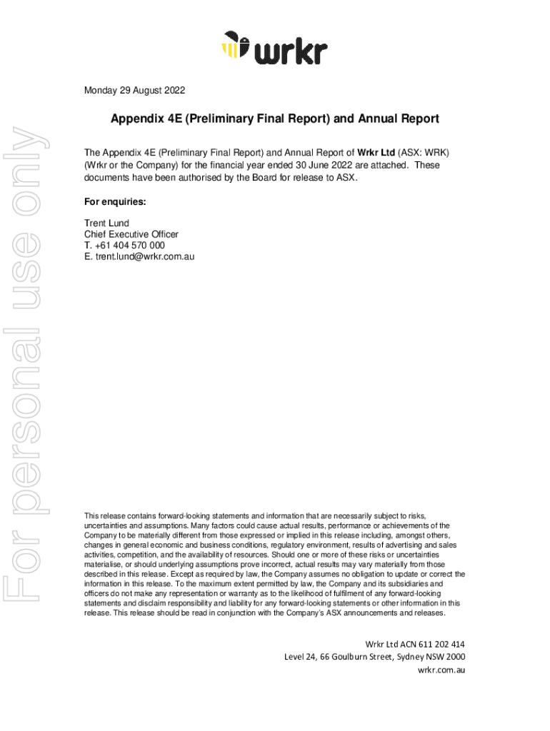 Fillable Online Wrkr - Appendix 4E (Preliminary Final Report) and Annual Report Fax Email Print ...