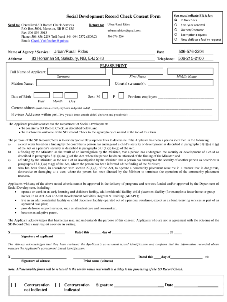 Fillable Online Social Development Record Check Consent Form Fax Email ...