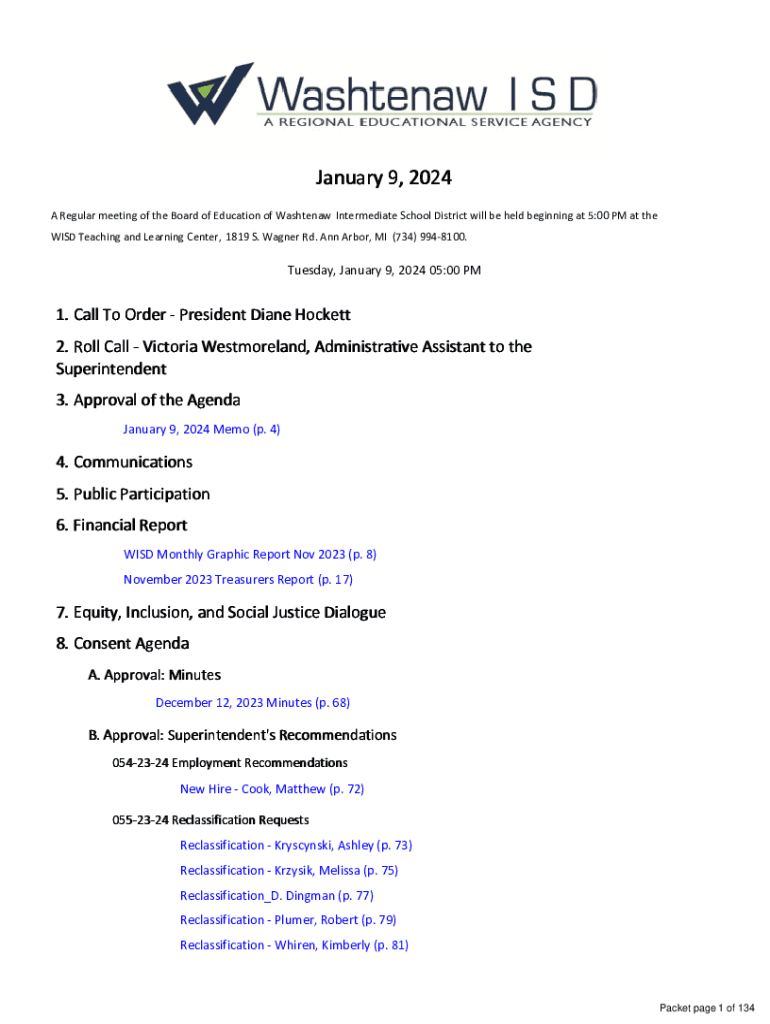 Fillable Online The Washtenaw ISD Board of Education meets at ... Fax Email Print - pdfFiller