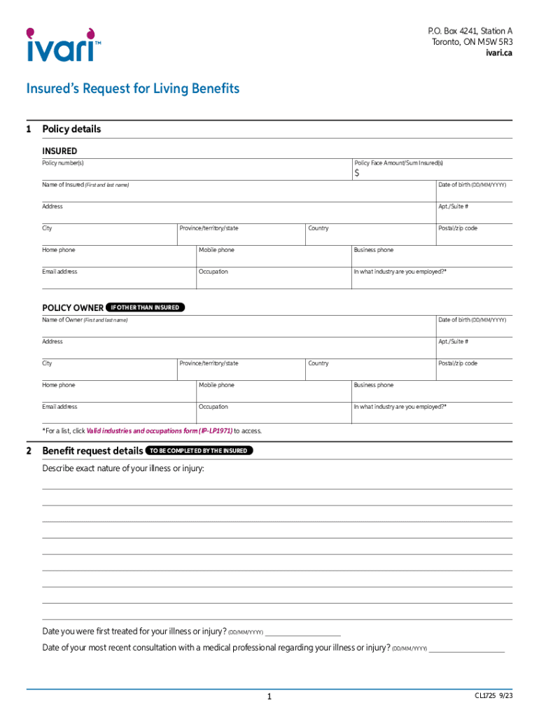 Fillable Online Insureds Request for Living Benefits. CL1725 Insured's Request for Living ...
