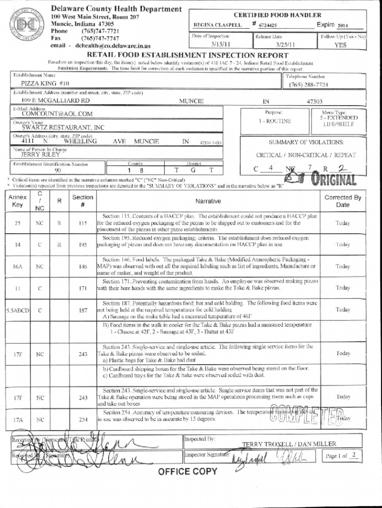 Fillable Online Restaurant Inspection Reports - DCHD - Delaware County ...