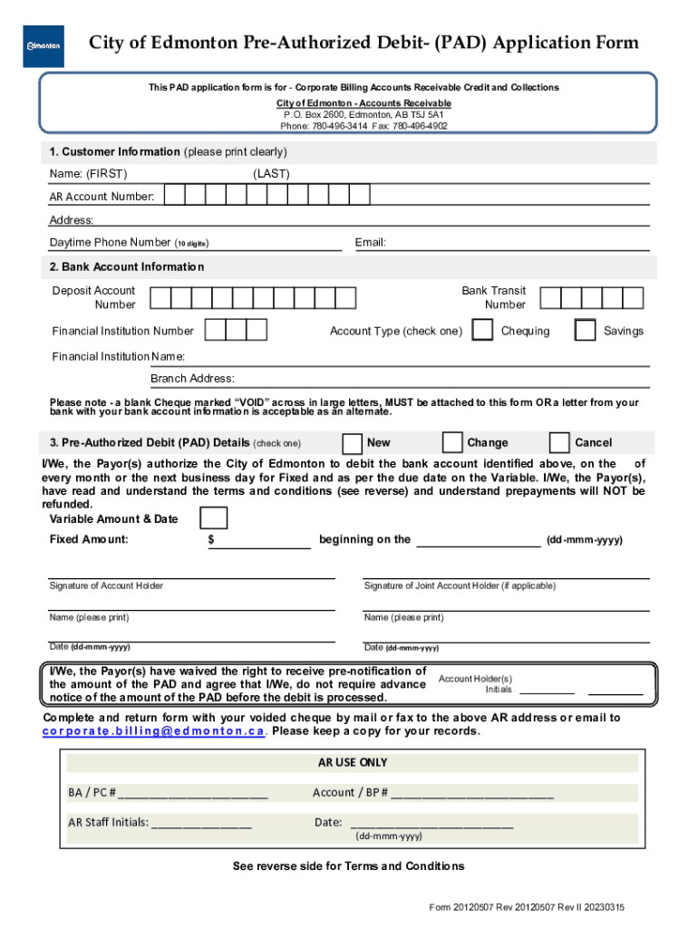 Fillable Online City of Edmonton Pre-Authorized Debit Application Form ...