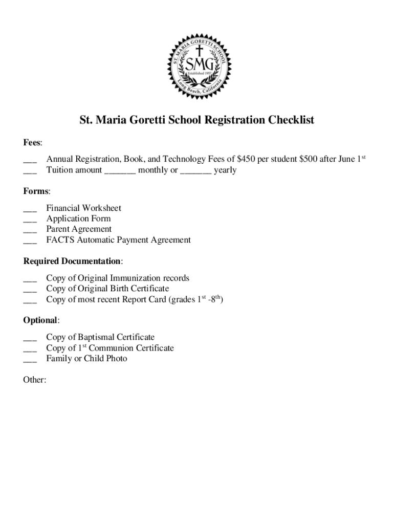 Fillable Online St. Maria Goretti School Registration Checklist Fees ...