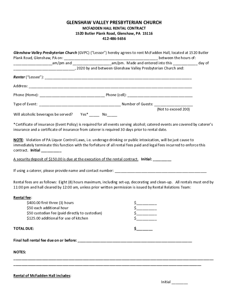 Fillable Online 10+ Church Hall Rental Agreement Templates in PDFDOC ...