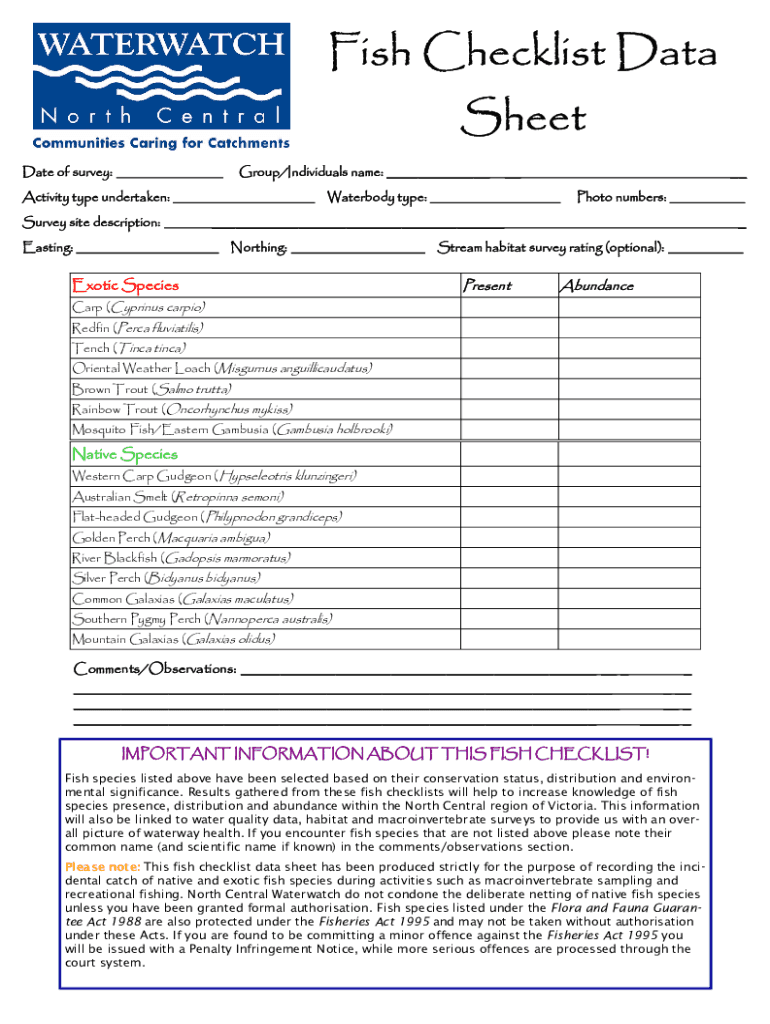 Fillable Online Fish checklist data sheet Fax Email Print - pdfFiller