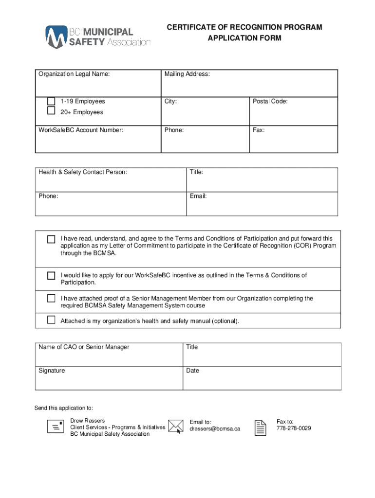 Fillable Online Certificate of Recognition (COR) - Program ...