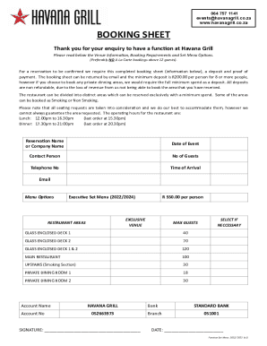 Fillable Online BOOKING SHEET - Eat Out Fax Email Print - pdfFiller