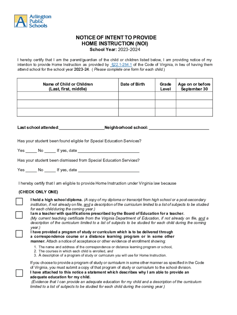 Fillable Online NOTICE OF INTENT TO PROVIDE HOME INSTRUCTION ( ... Fax ...