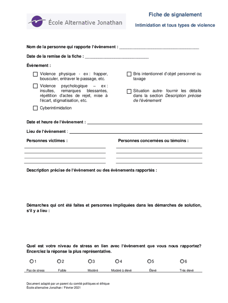 Remplissable En Ligne fiche de signalement d'un acte de violence ou d ...