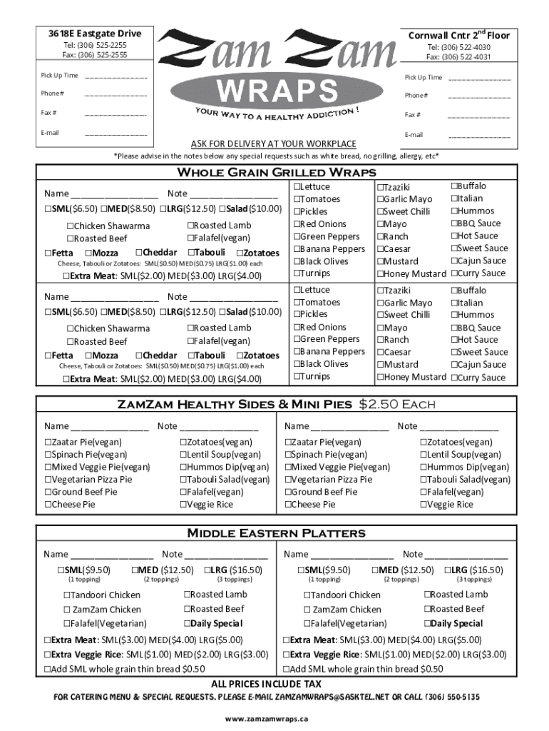 Fillable Online Whole Grain Grilled Wraps ZamZam Healthy Sides & Mini ...