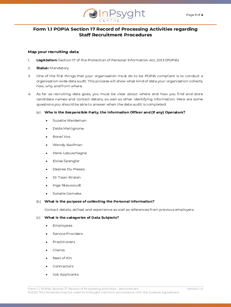 Fillable Online Form 1.1 POPIA Section 17 Record of Processing ...