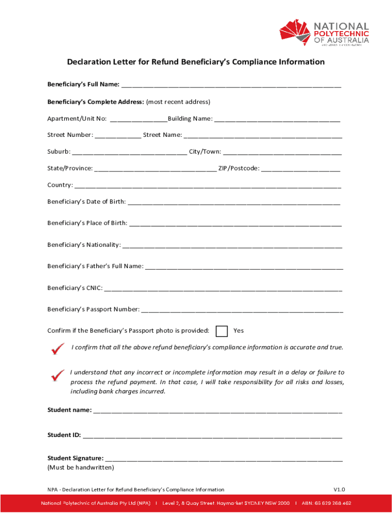 Fillable Online Declaration Letter for Refund Beneficiary's Compliance Information Fax Email ...