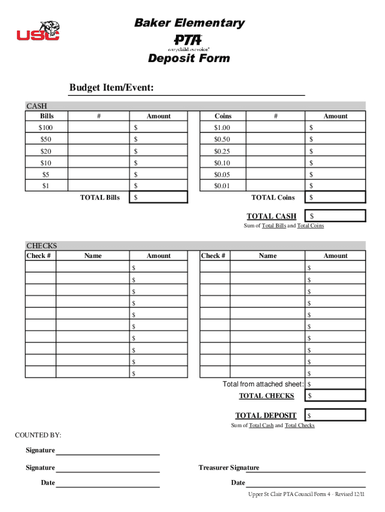 Fillable Online REVISED PTA Deposit Form Eisenhower Fax Email Print ...