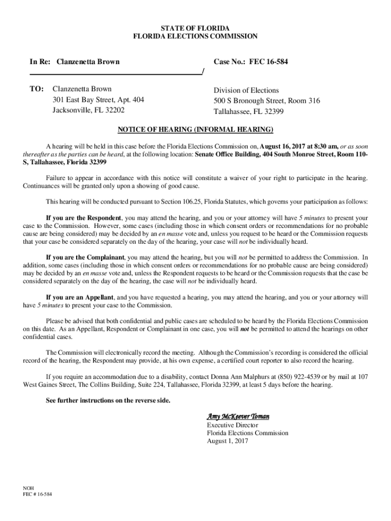 Fillable Online Case No.: FEC 16-584 TO: Clanzenetta Brown 301 East Fax ...