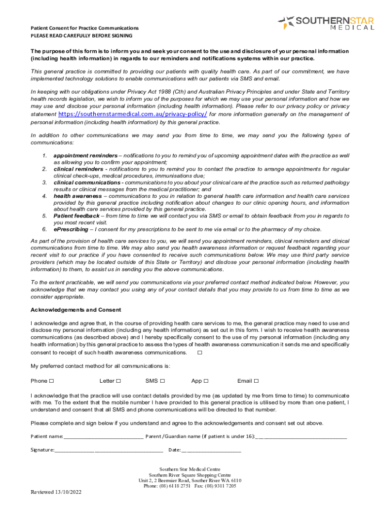 Fillable Online Patient Consent for Practice Communications Fax Email Print - pdfFiller