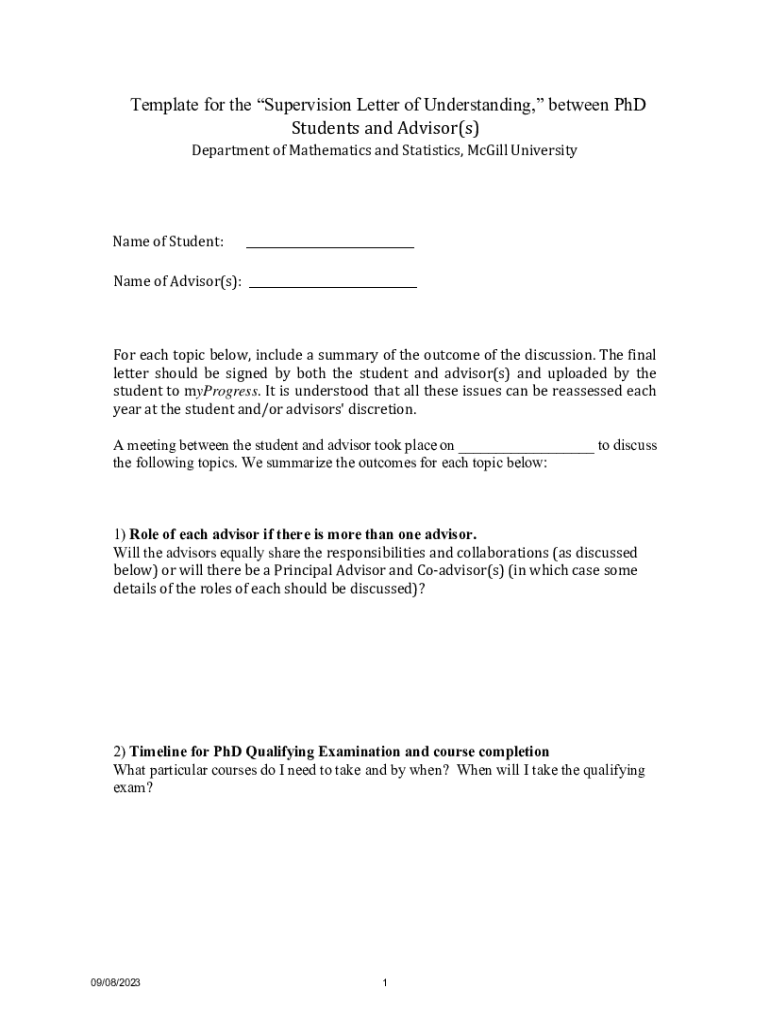 Fillable Online Template for the Supervision Letter of Understanding ...