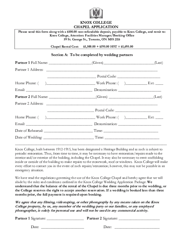 Fillable Online KNOX COLLEGE CHAPEL APPLICATION Fax Email Print - pdfFiller