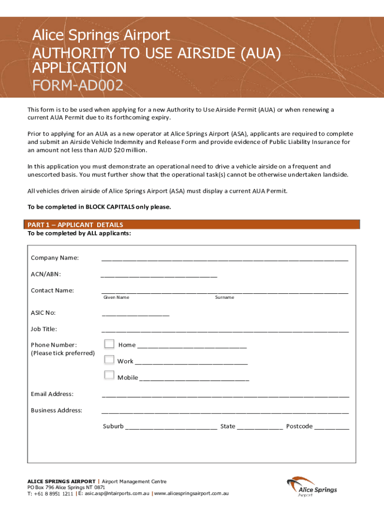Fillable Online Form AD002 - Authority to Use Airside (AUA) Application ...