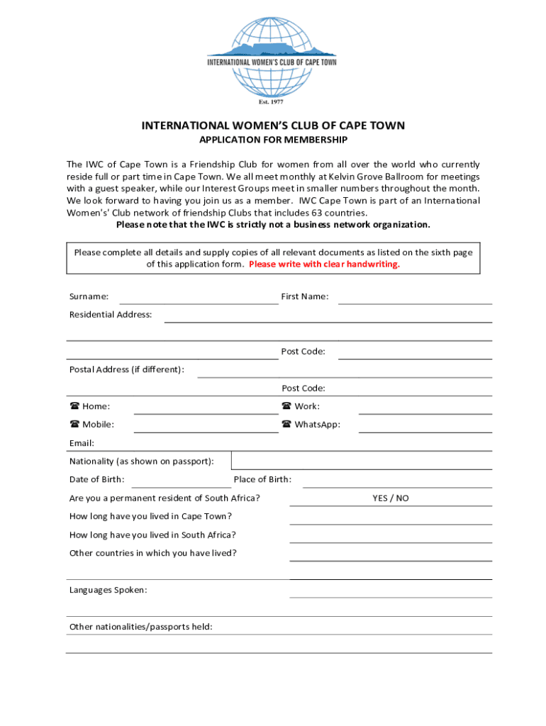 Fillable Online Application Form - International Womens Club of Cape Town Fax Email Print ...