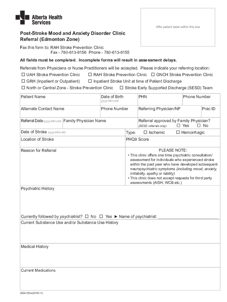 Fillable Online Post Stroke Mood and Anxiety Disorder Clinic Referral ...