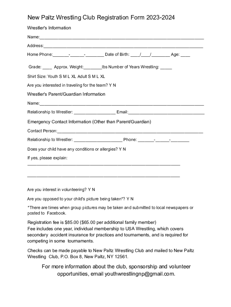 Fillable Online New Paltz Wrestling Club Registration Form 2023-2024 ...