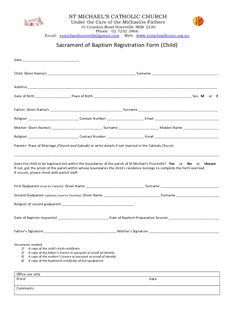 Fillable Online Sacrament of Baptism Registration Form (Child) Fax ...