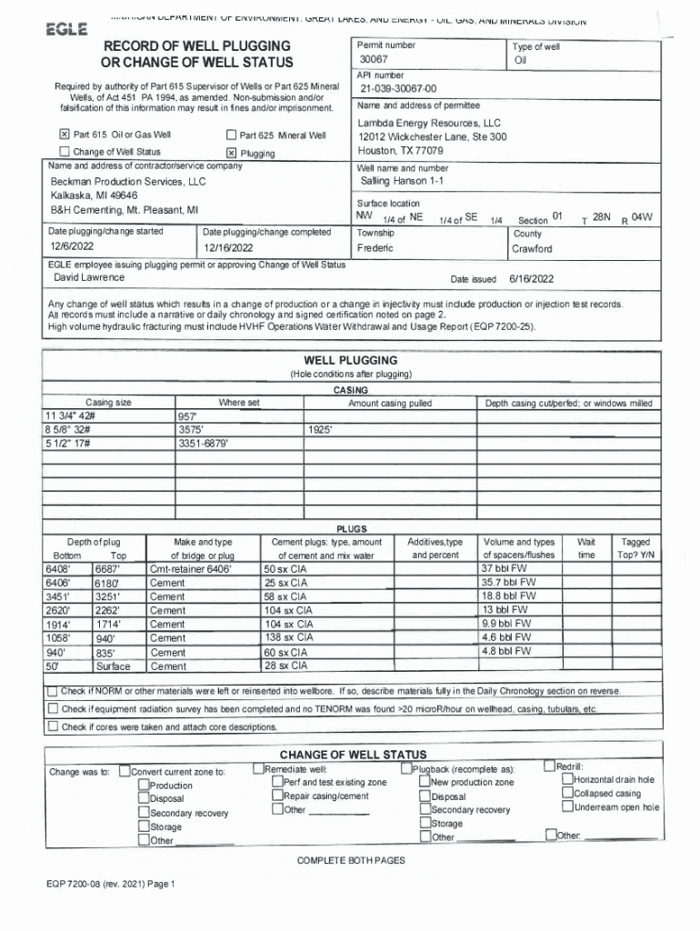 Fillable Online RECORD OF WELL PLUGGING OR REWORK Fax Email Print ...