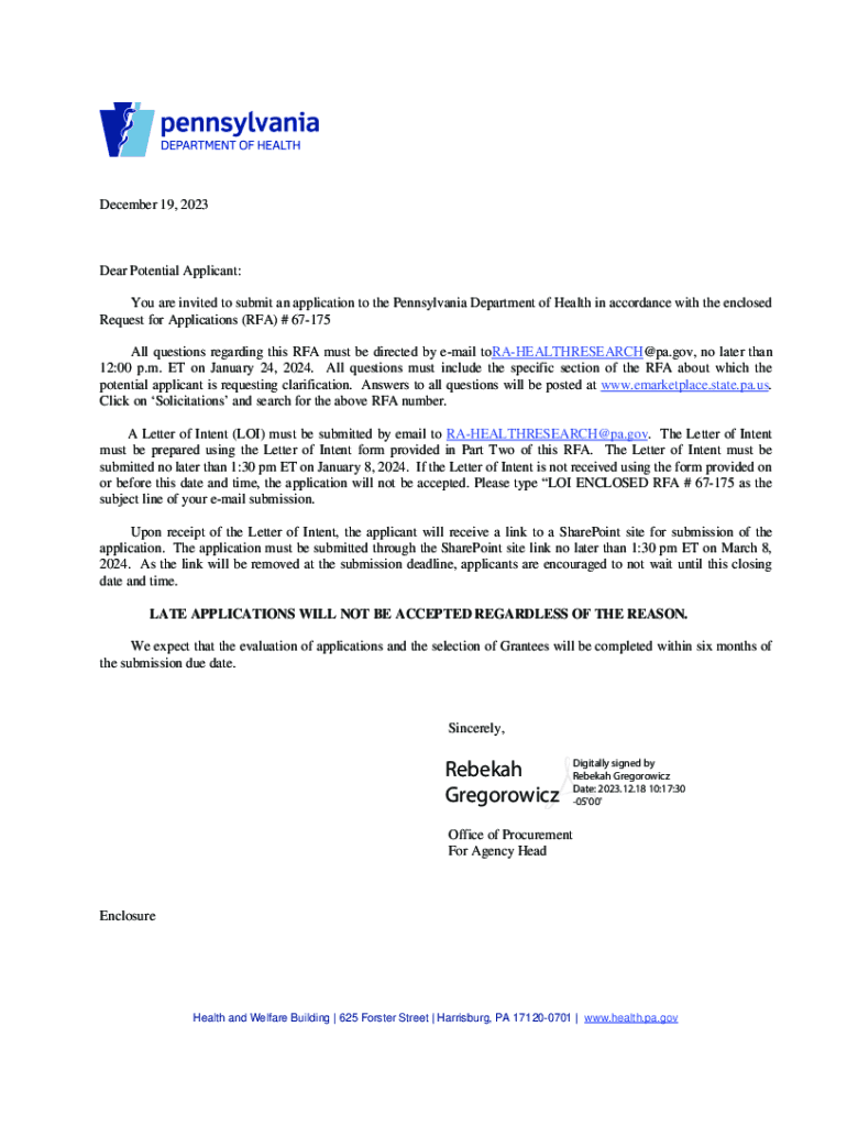 Fillable Online PA Department Of Health (DOH) Request For Application ...