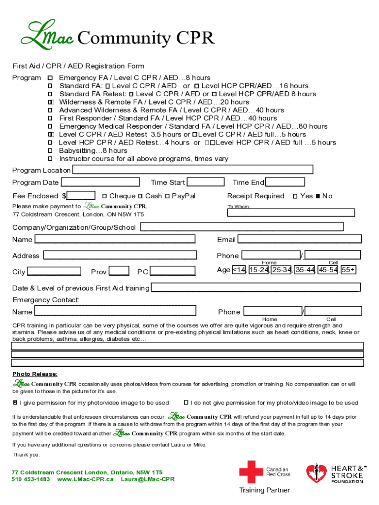 Fillable Online A leader in First Aid and CPR training for over 20 ...