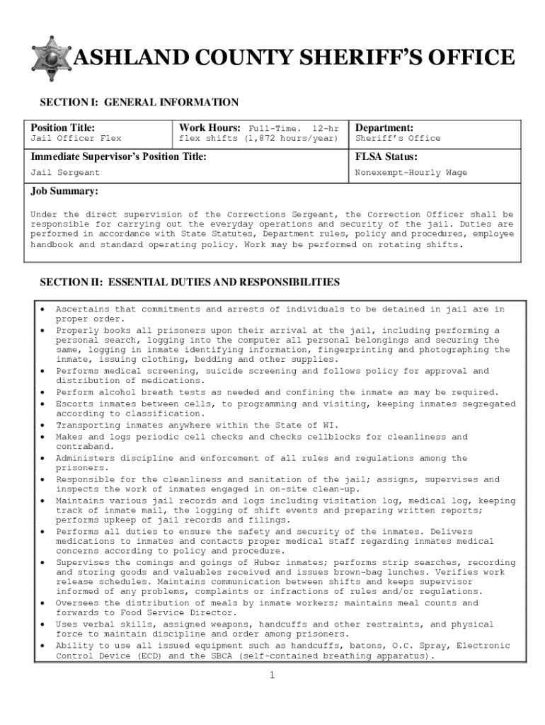 Fillable Online co ashland wi 4072-Ashland County Sheriff's Office-Jail/Corrections Officer Fax ...