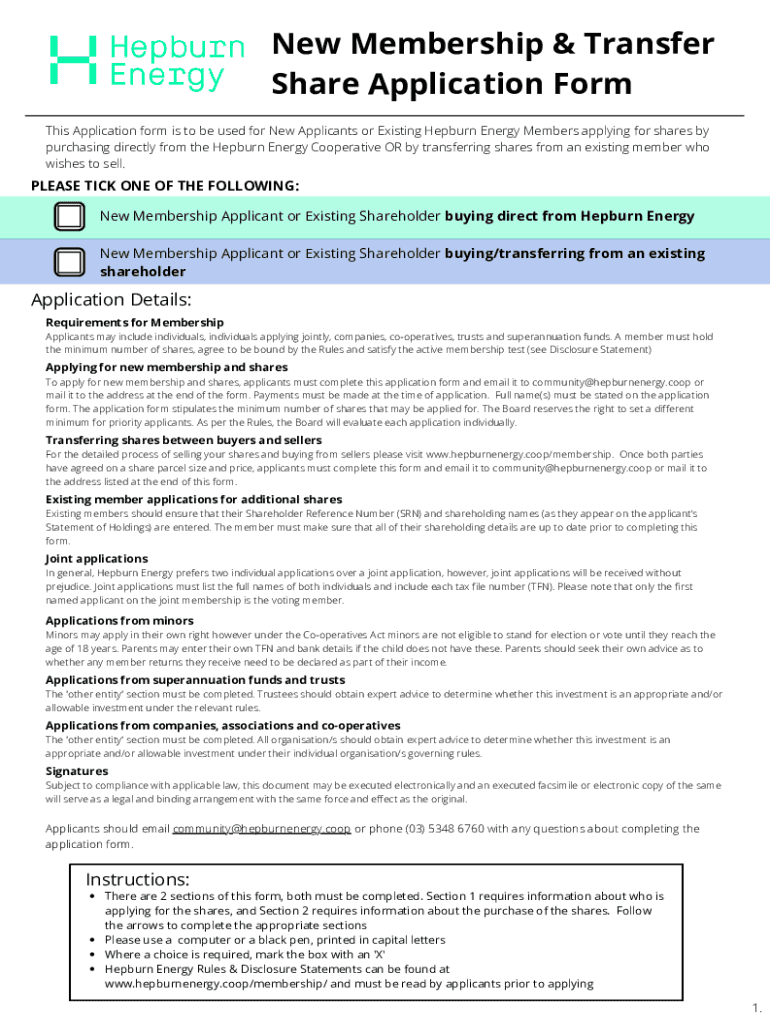 Fillable Online 2023 Hepburn Energy New Membership & Transfer Share ...