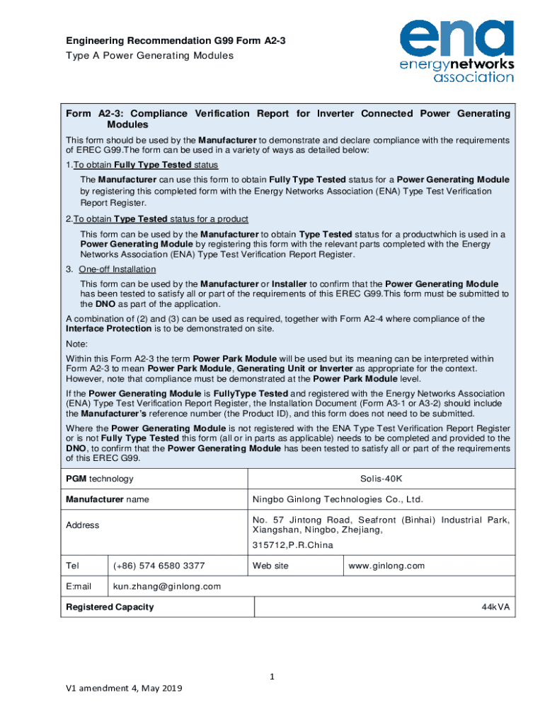 Fillable Online Engineering Recommendation G99 Issue 1Amendment ... Fax ...