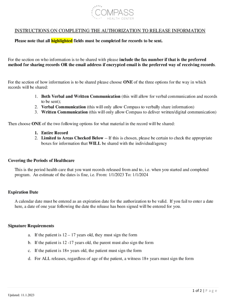 Fillable Online INSTRUCTIONS ON COMPLETING THE AUTHORIZATION TO RELEASE INFORMATION Fax Email ...