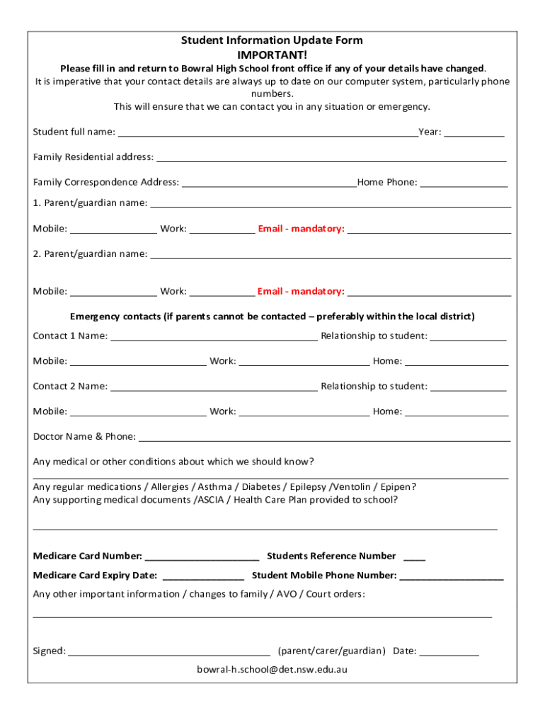 Fillable Online Student Information Update Form IMPORTANT! Fax Email Print - pdfFiller