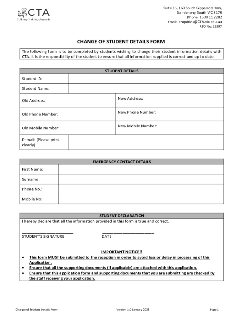 Fillable Online CHANGE OF STUDENT DETAILS FORM - CTA Fax Email Print - pdfFiller