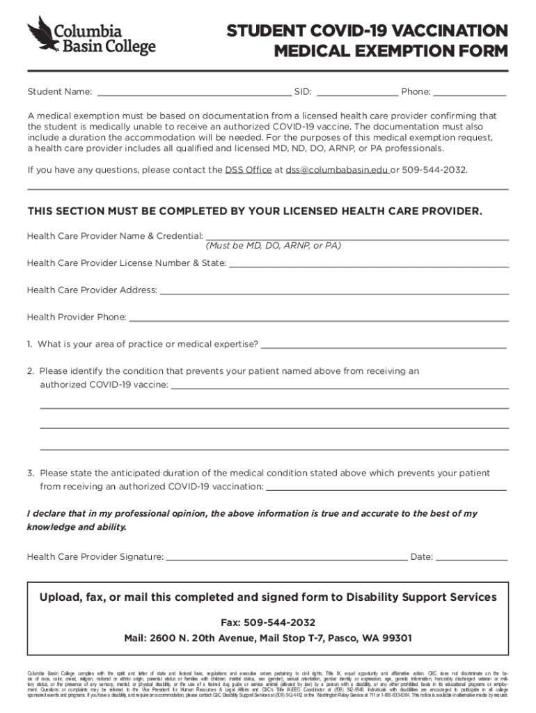 Fillable Online STUDENT COVID-19 VACCINATION MEDICAL EXEMPTION FORM Fax ...