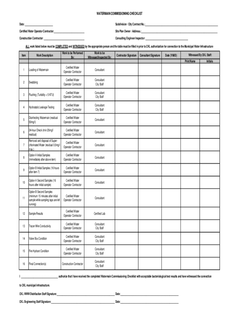 Fillable Online Watermain Commissioning Plan Template for Contractors ...