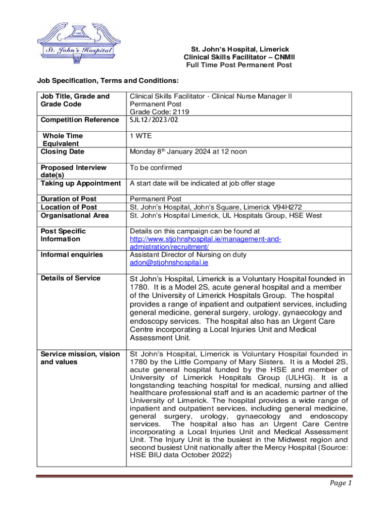 Fillable Online St. John's Hospital, Limerick Clinical Skills Facilitator Fax Email Print ...