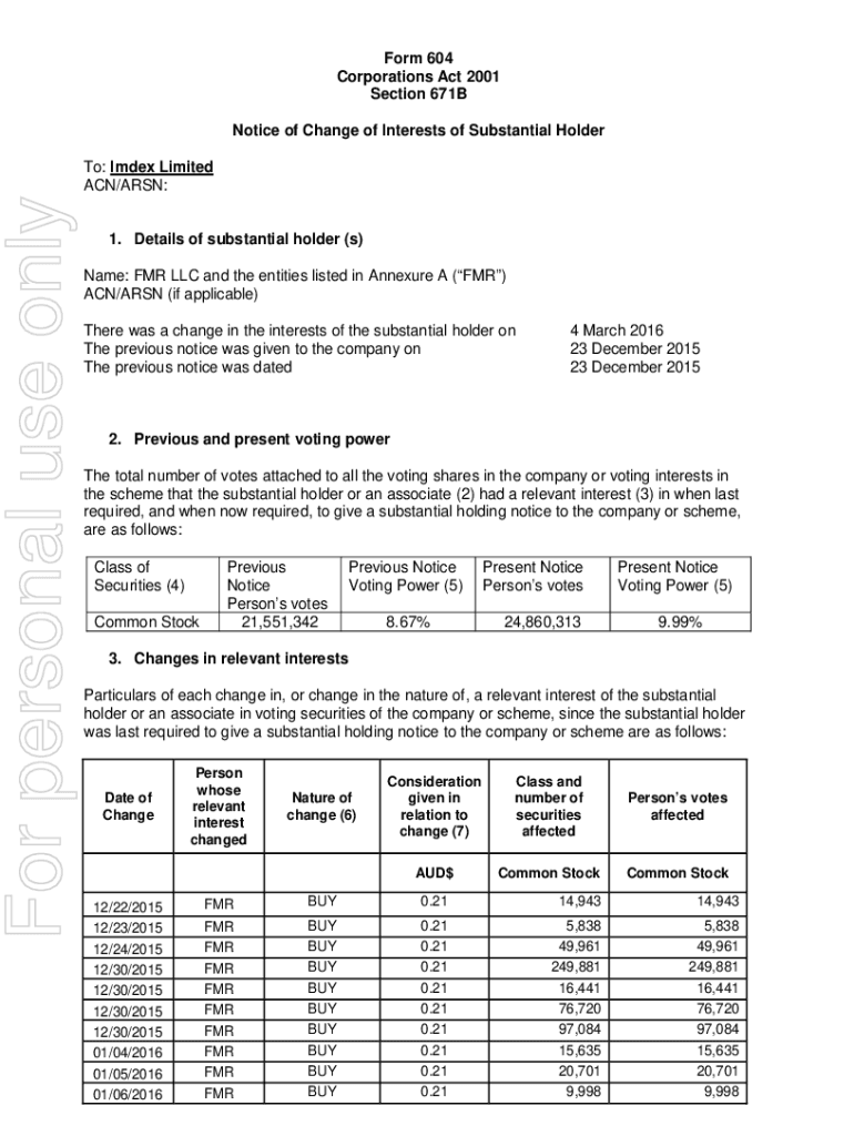 Fillable Online Imdex Limited FMR 604 Change Form Fax Email Print ...