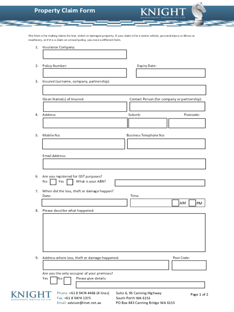 Fillable Online Knight Management Services - Claim Form Property Fax ...