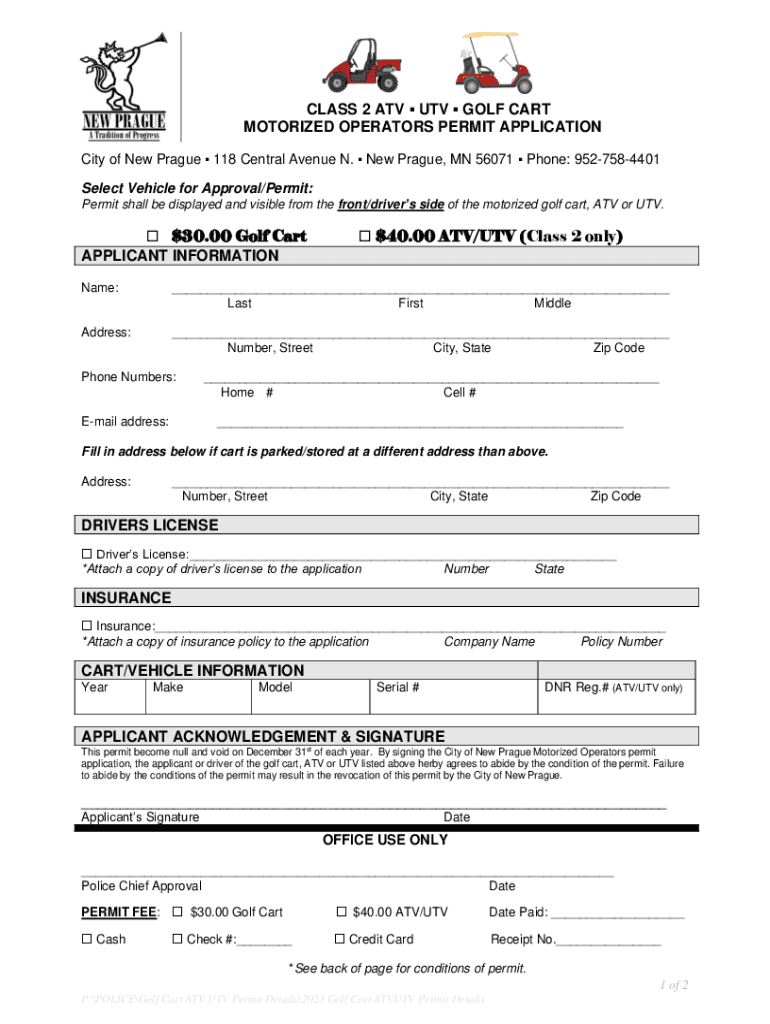 Fillable Online class 2 atv utv golf cart motorized operators permit ...