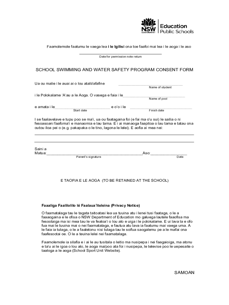 Fillable Online School swimming and water safety program consent form ...