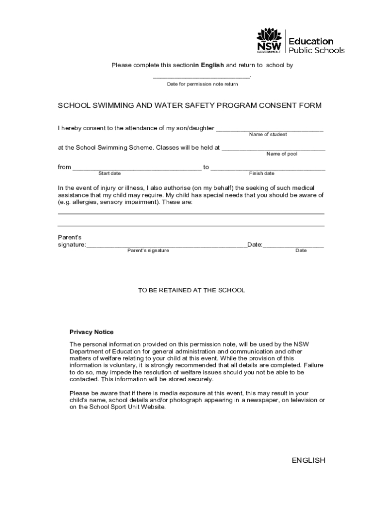 Fillable Online School swimming and water safety program consent form ...