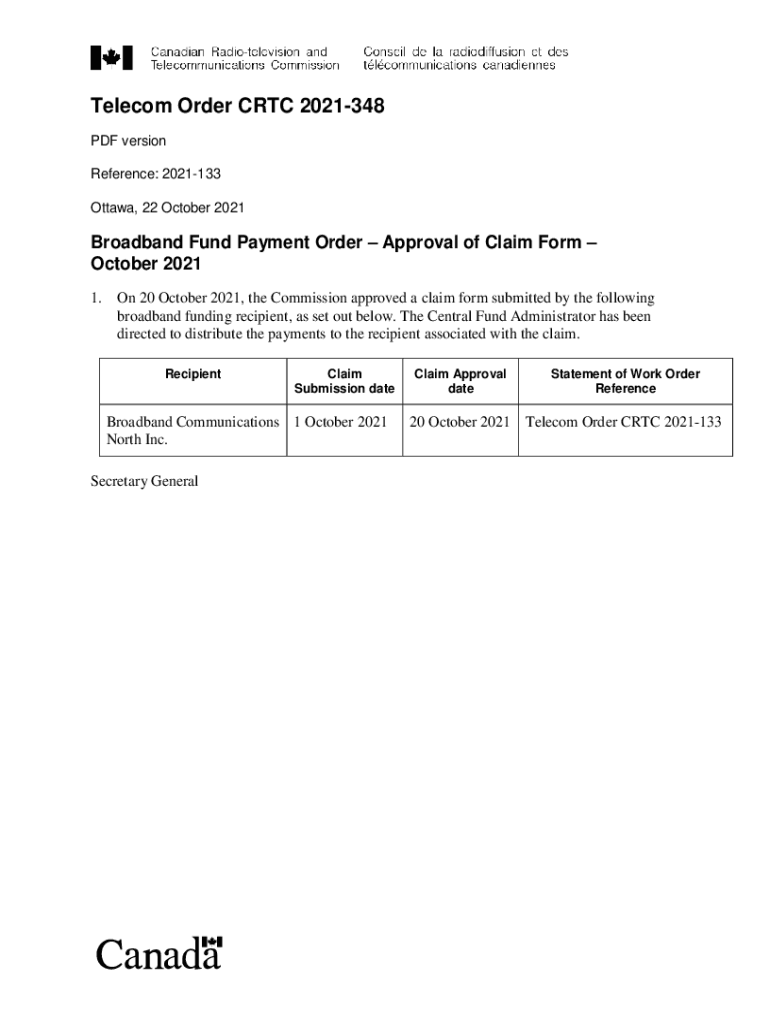 Fillable Online Telecom Order CRTC 2021-348. Broadband Fund Payment ...