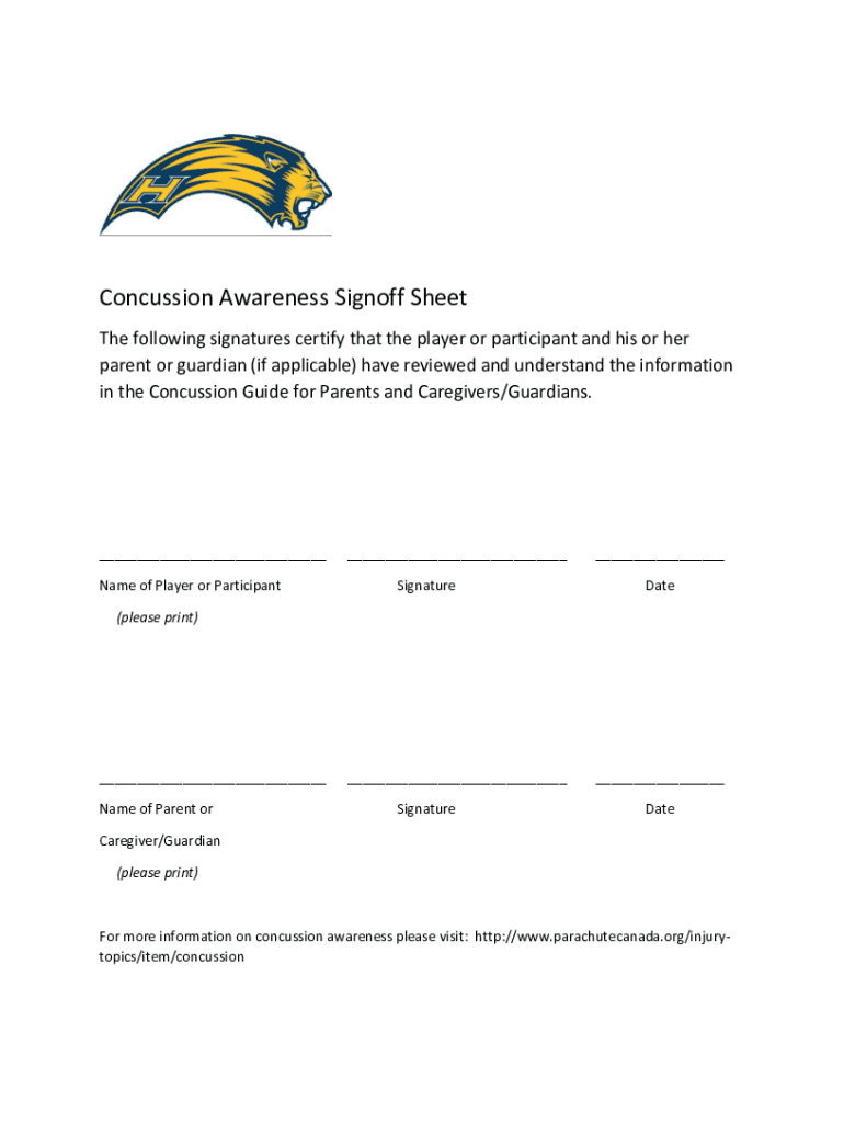 Fillable Online Concussion Awareness Signoff Sheet Fax Email Print ...