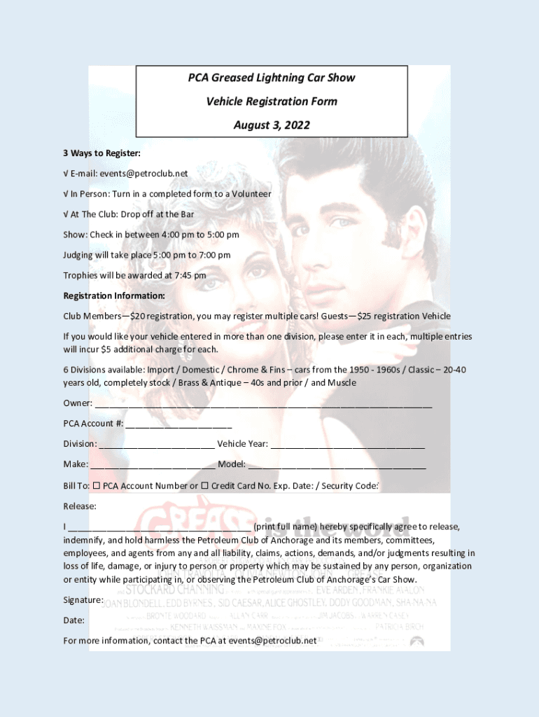 Fillable Online PCA Greased Lightning Car Show Vehicle Registration ...