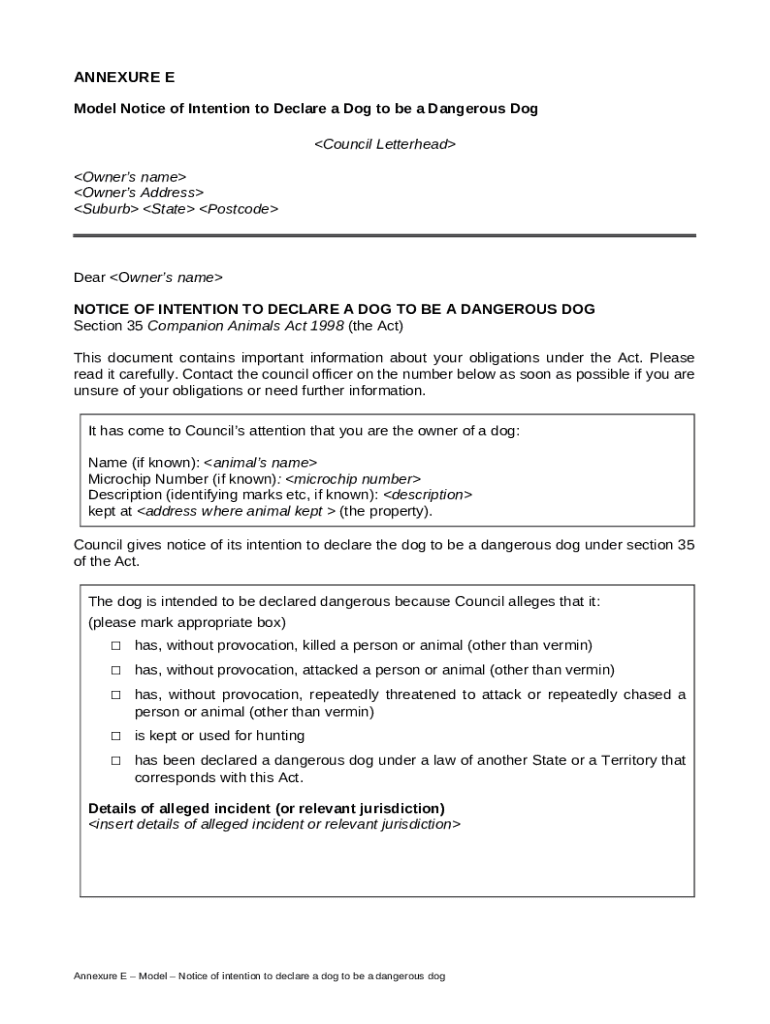 Model Notice of Intention to Declare a Dog to be a Dangerous Dog Doc ...
