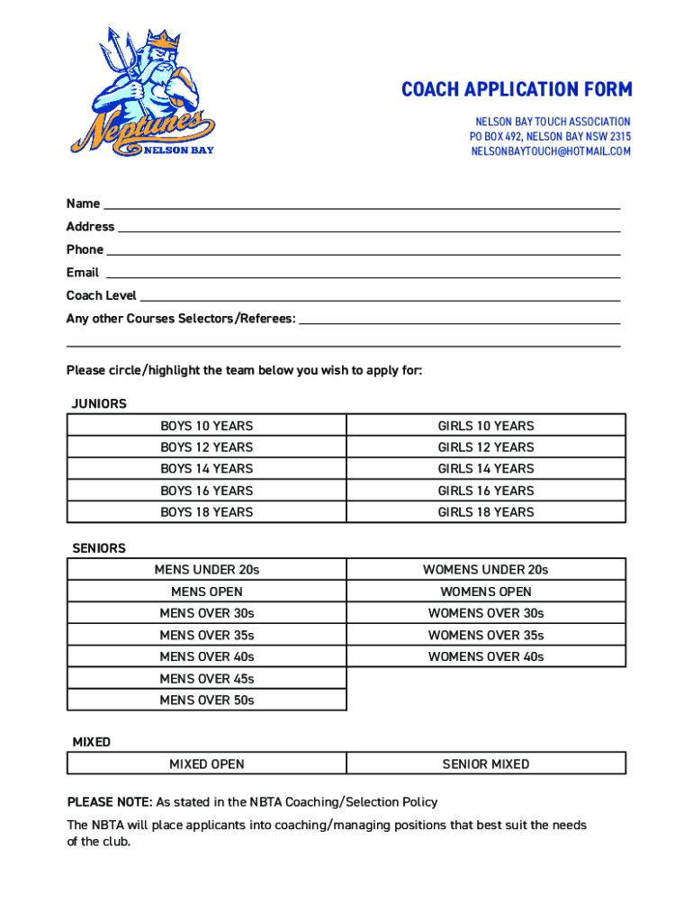Fillable Online COACH APPLICATION FORM - Nelson Bay Touch Association Fax Email Print - pdfFiller